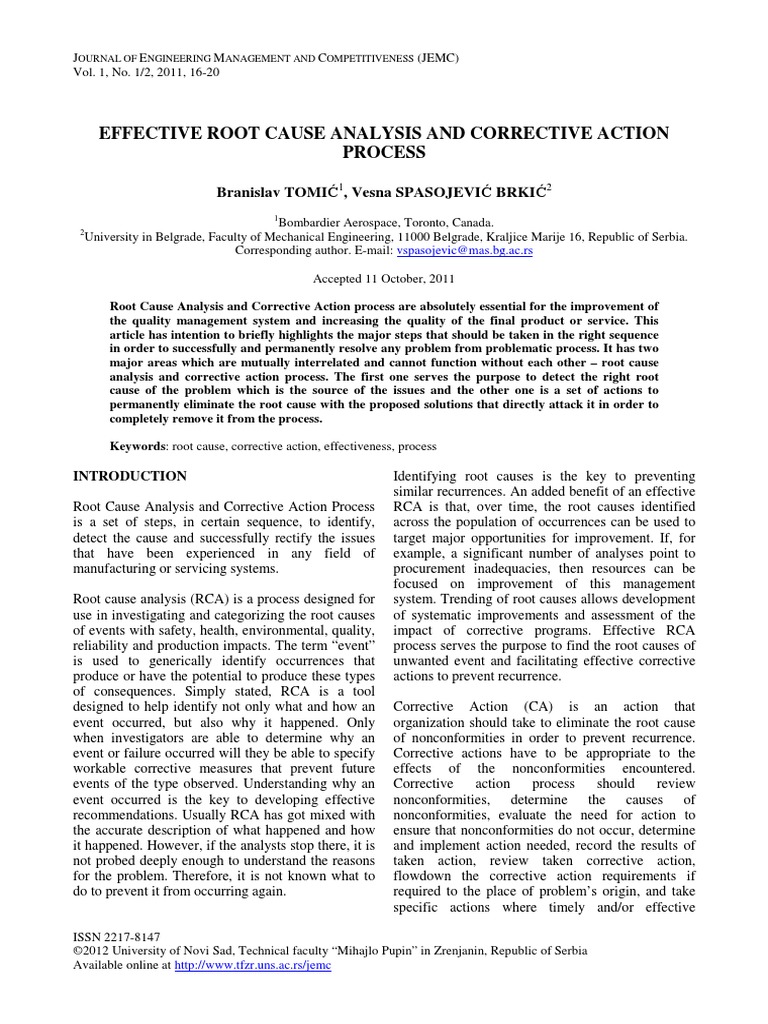 Effective Root Cause Analysis and Corrective Action (V1N1-22011-04) PDF ...