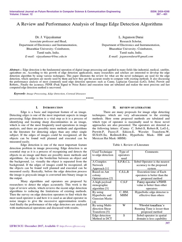 A Review And Performance Analysis Of Image Edge Detection Algorithms Pdf Computer Vision