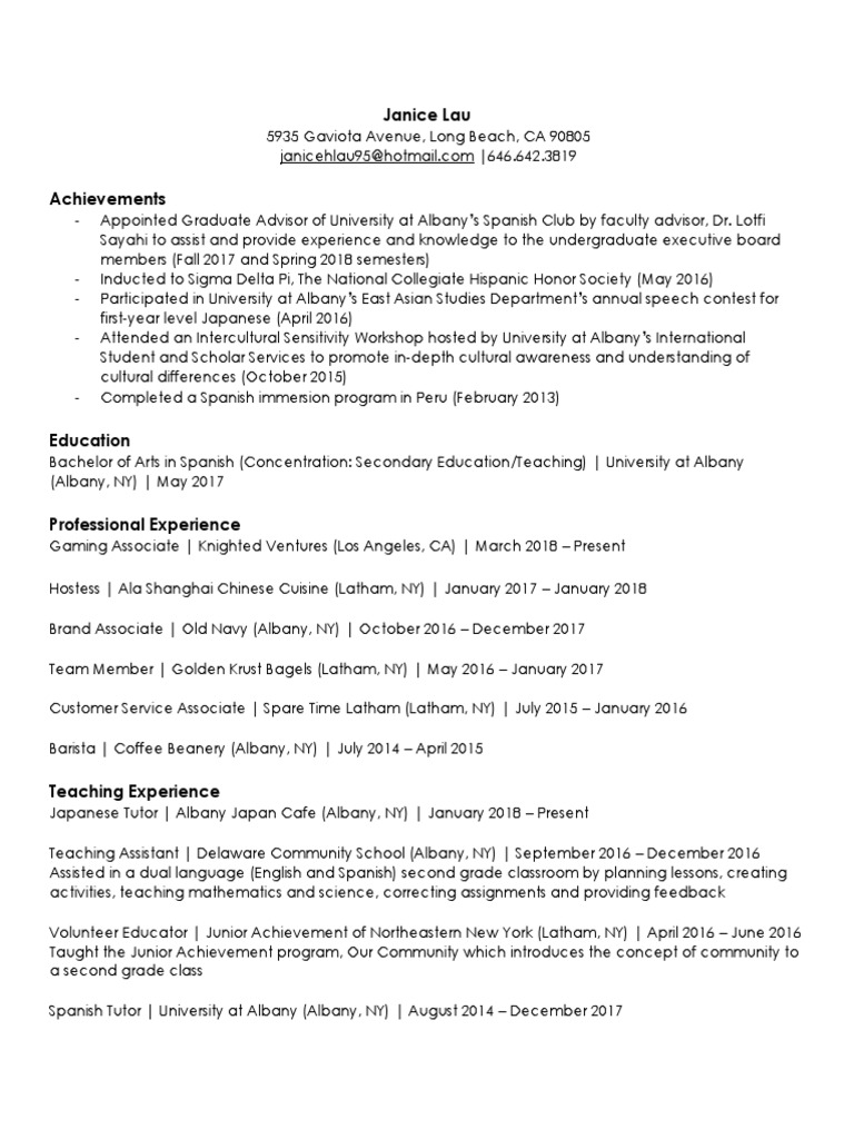Janice Lau Resume | PDF | English As A Second Or Foreign Language | Tutor