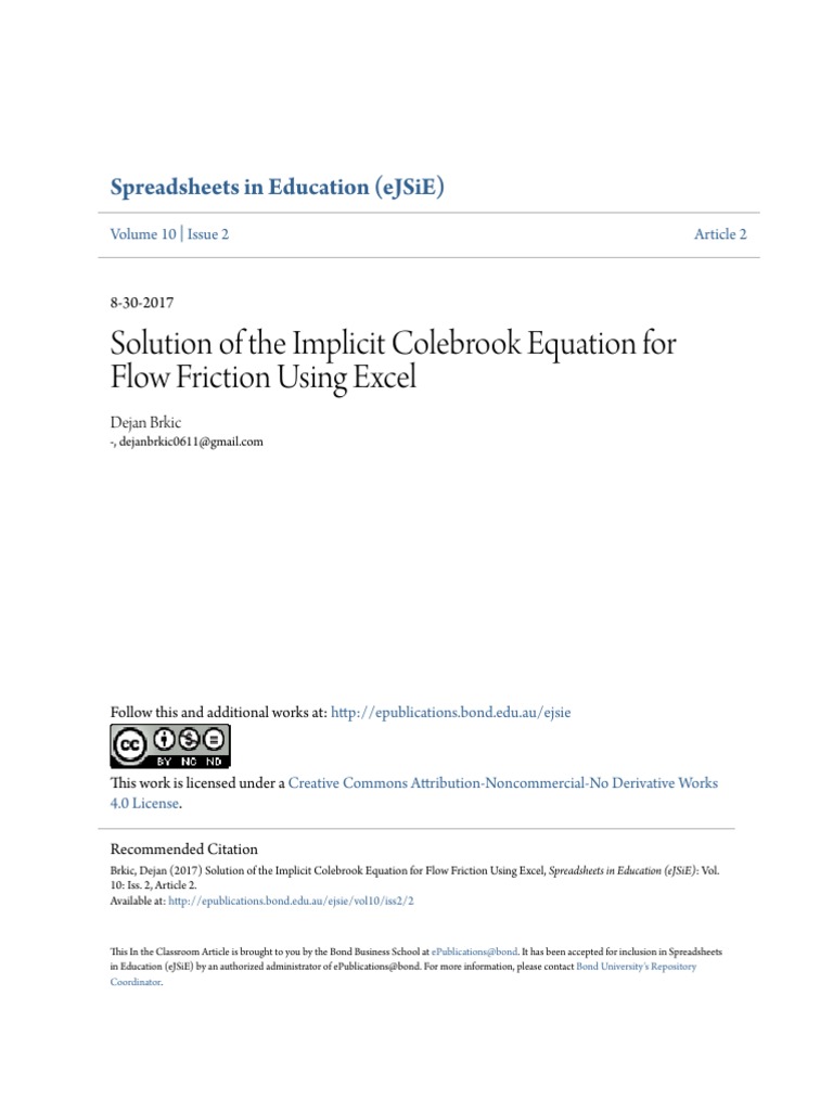 Excel-Solution of The Implicit Colebrook Flow Friction Equation | PDF ...