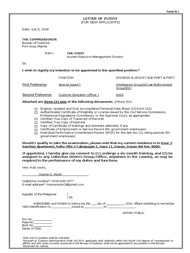 Letter of Intent for Customs Position | PDF | Notary Public | Social ...