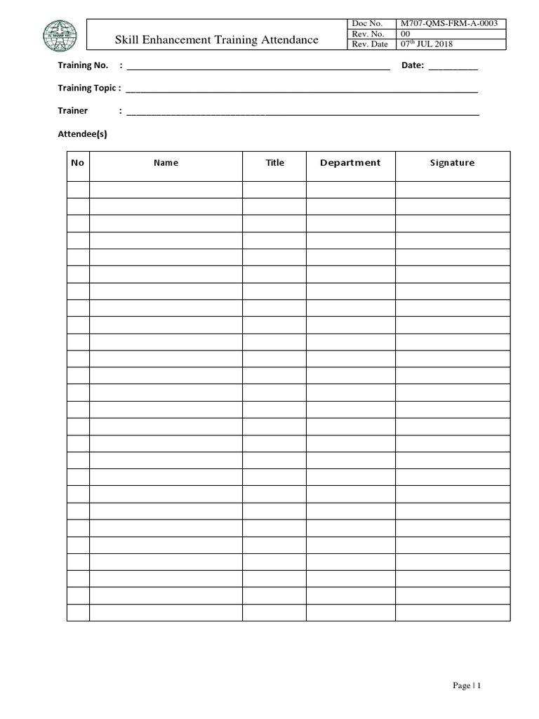 Skill Enhancement Training Attendance: No Name Title Department ...