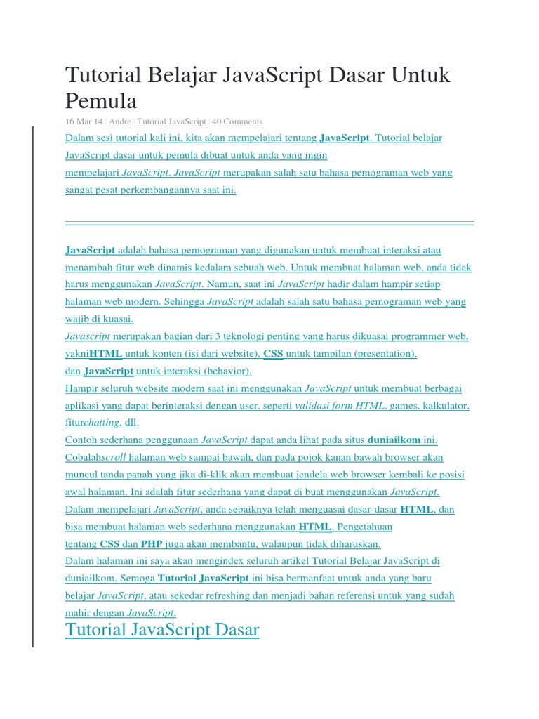 Tutorial Belajar JavaScript Dasar Untuk Pemula | PDF