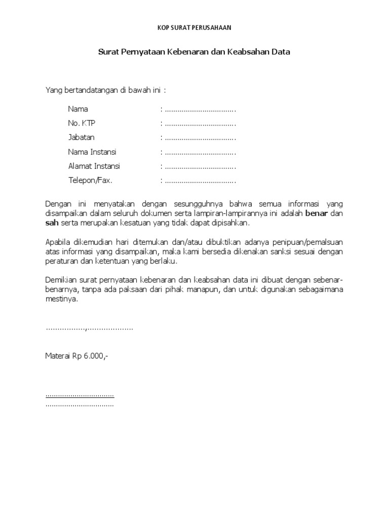 Surat Pernyataan Kebenaran Dan Keabsahan Data | PDF