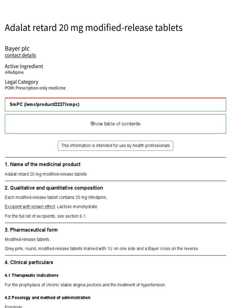 Adalat Retard 20 Mg Modified-release Tablets - Summary of Product ...