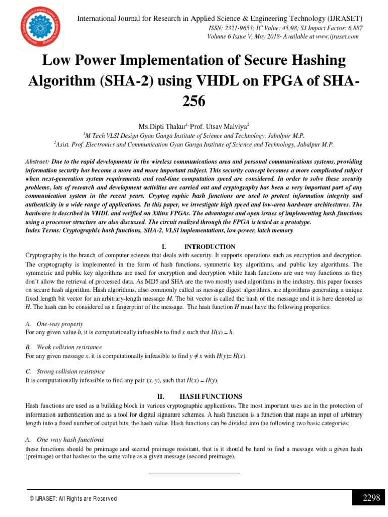 Low Power Implementation of Secure Hashing Algorithm (SHA-2) Using VHDL On FPGA of SHA-256 | PDF ...