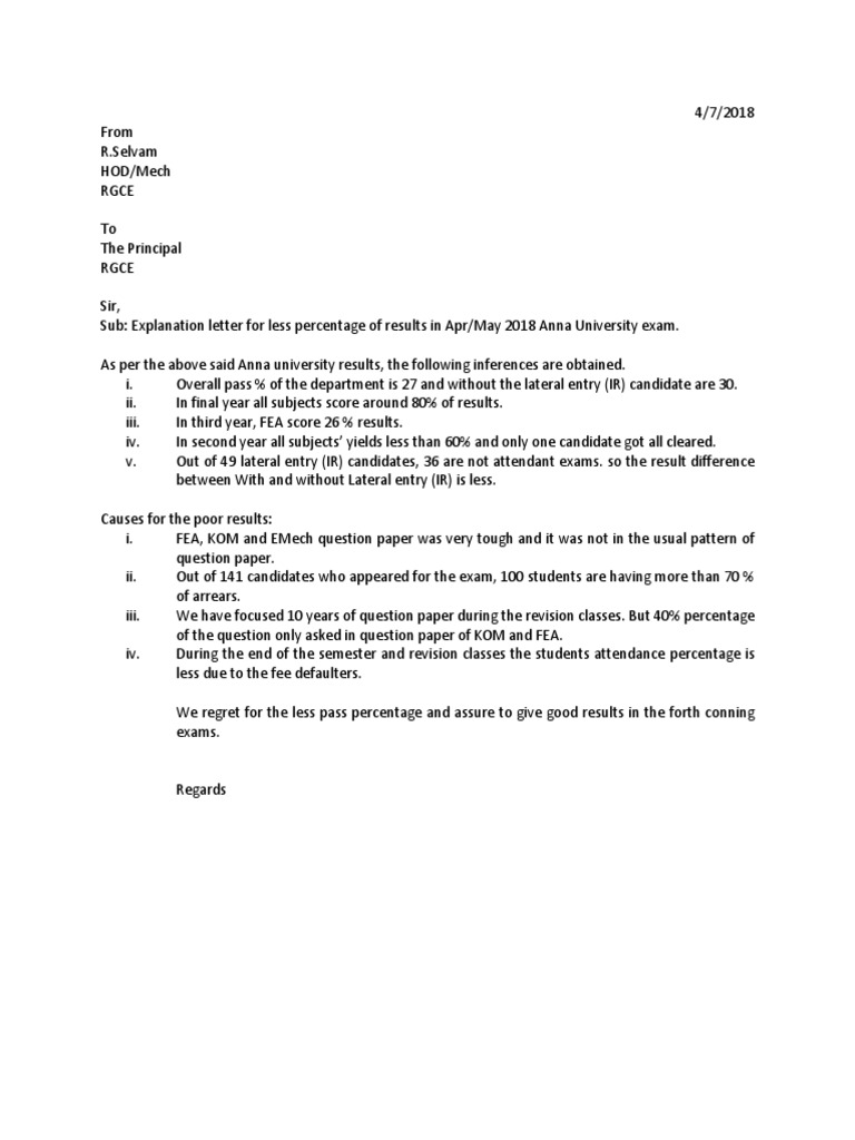 Analysis of Poor Results and Corrective Measures: Explanation Letter ...