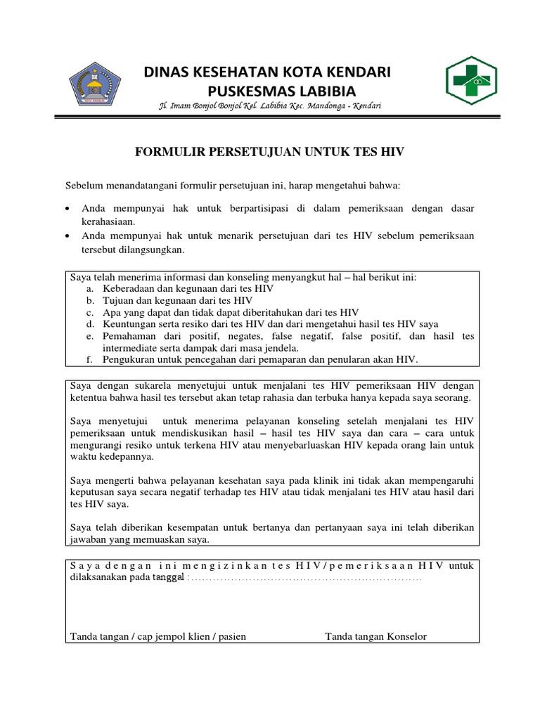 Formulir Persetujuan Untuk Tes Hiv | PDF