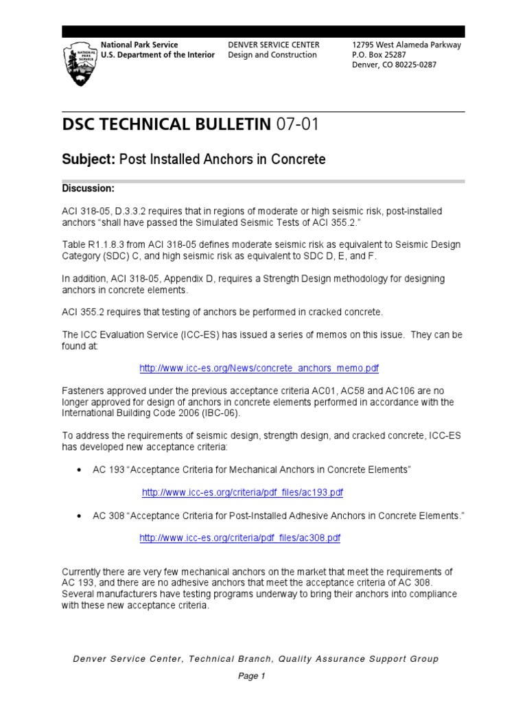 DSC Technical Bulletin 07-01: Post Installed Anchors in Concrete | PDF ...
