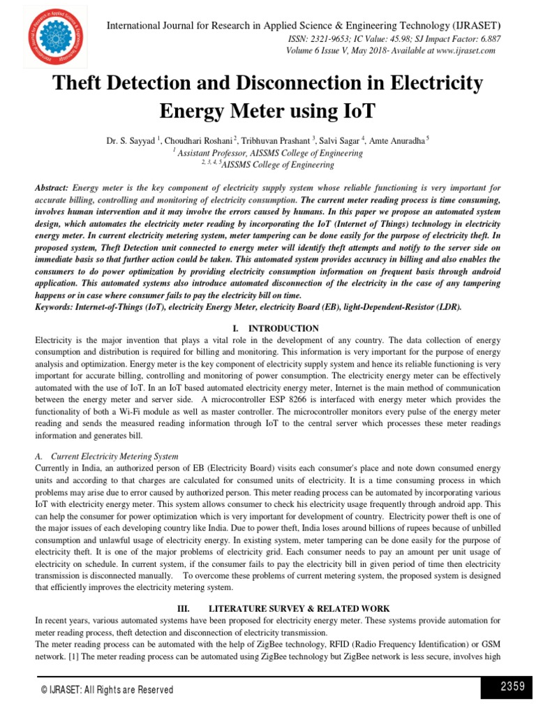 Theft Detection and Disconnection in Electricity Energy Meter Using IoT ...