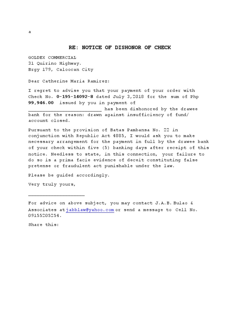 Re: Notice of Dishonor of Check: 99,946.00 Issued by You in Payment of ...