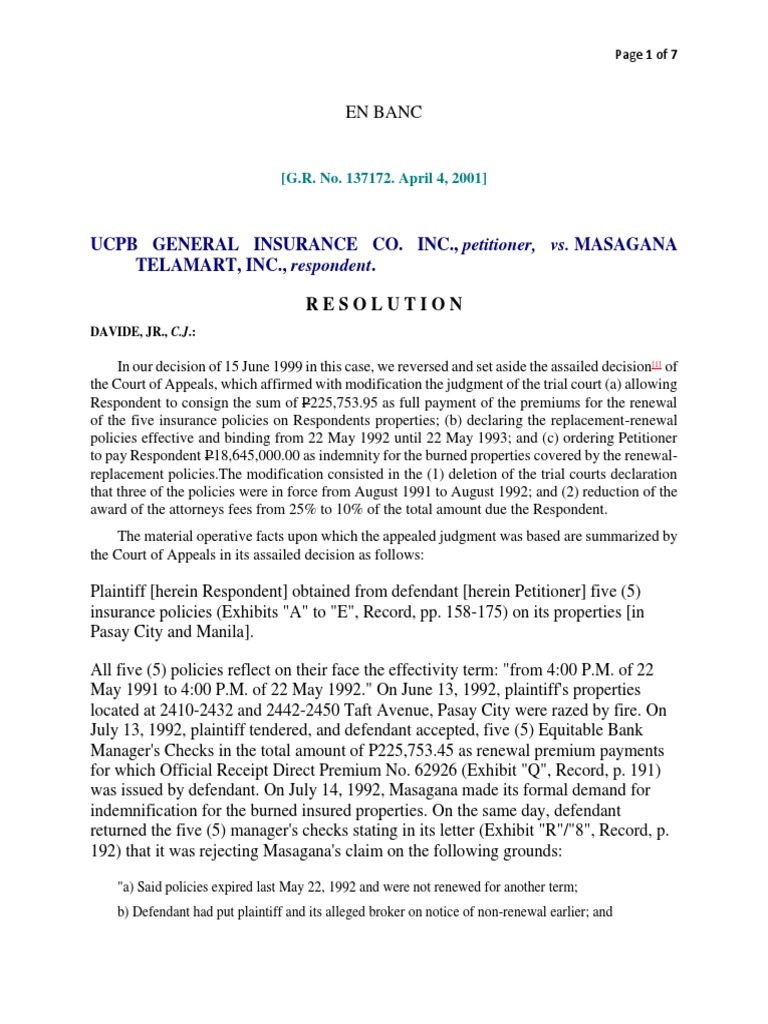 Ucpb Vs Masagana | PDF | Insurance | Insurance Policy