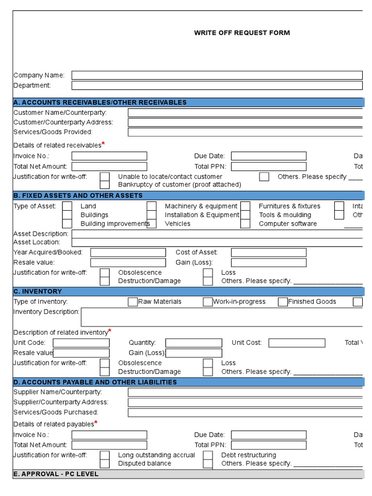 Write Off Request Form | Book Value | Accounts Payable