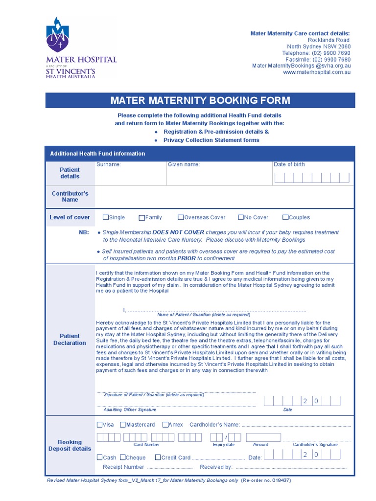 Mater Maternity Booking Form V2 - March17 (Not For Record) | PDF ...