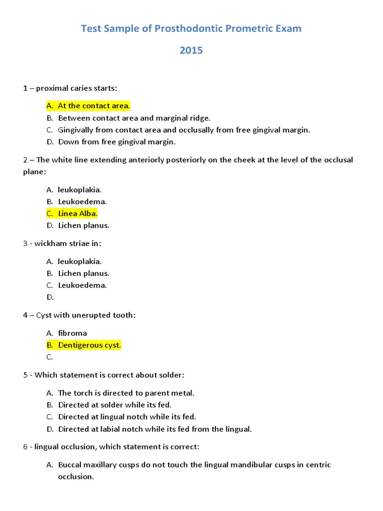 Prosthodontic Prometric Exam Sample Test | PDF | Dentures | Dental Implant
