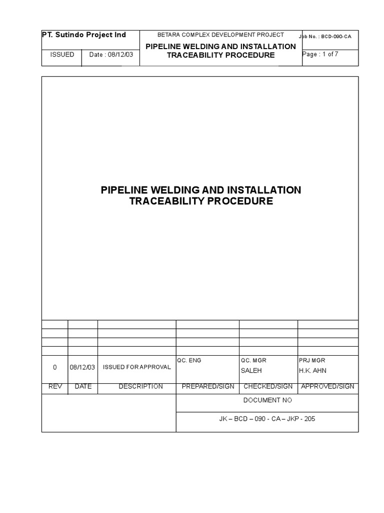 JK Pipeline Welding & Installation Traceability Procedure Co | PDF