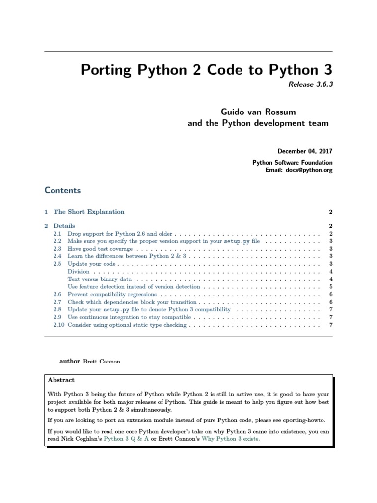 Porting Python 2 Code To Python 3: Guido Van Rossum and The Python Development Team | PDF ...