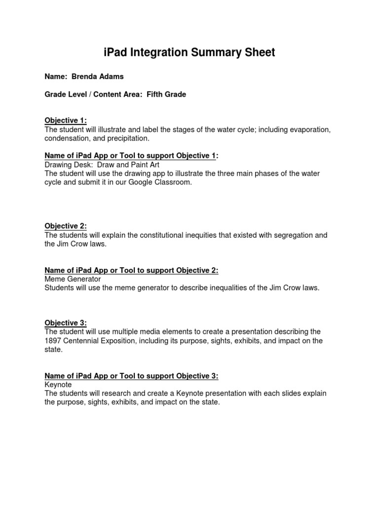 Brendaadams Ipad Integration Summary Sheet Student Integration | PDF