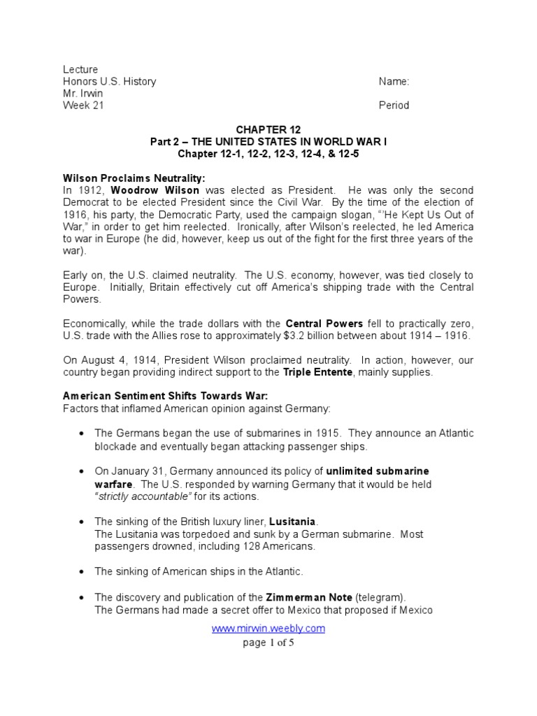 Part 2 - The United States in World War I Chapter 12-1, 12-2, 12-3, 12 ...