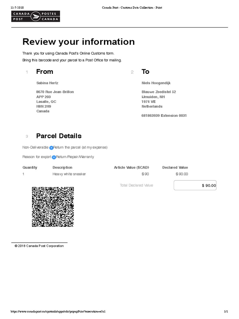 Canada Post - Customs Data Collection - Print | PDF
