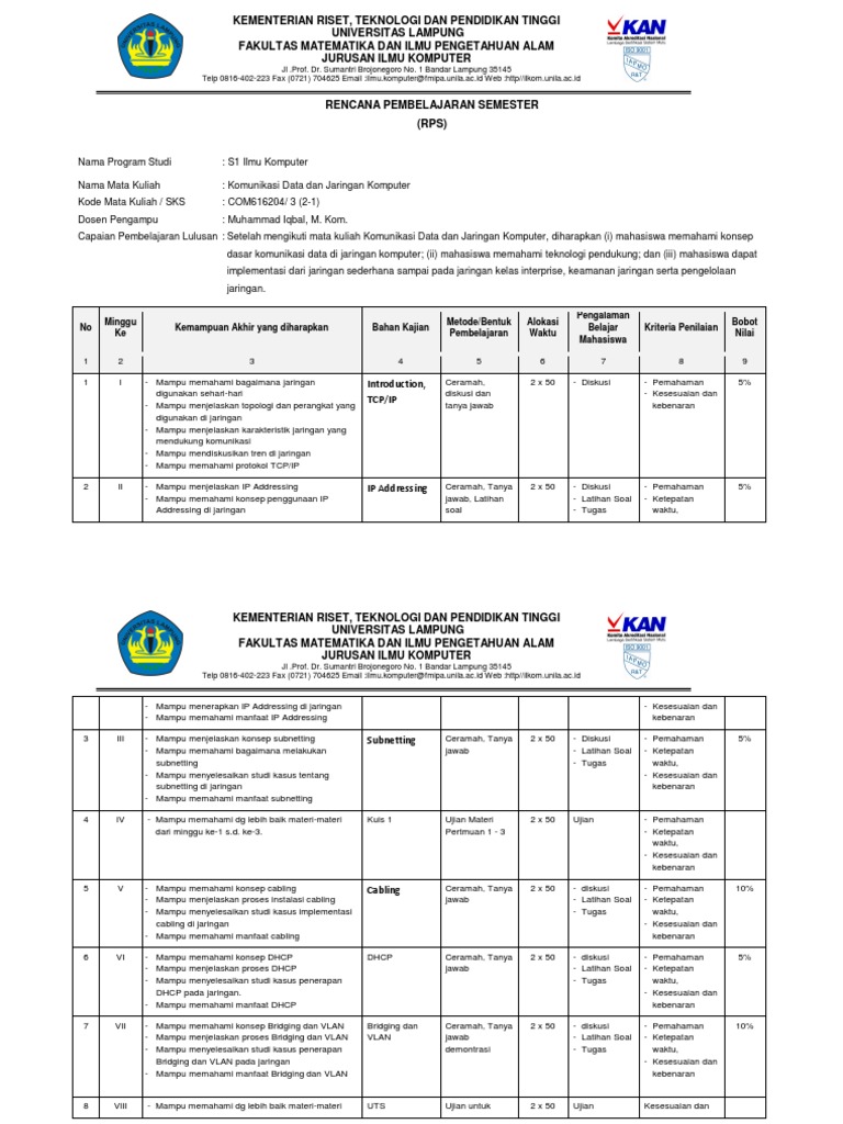 Komunikasi Data Dan Jaringan Komputer Kelas RPS Teori | PDF