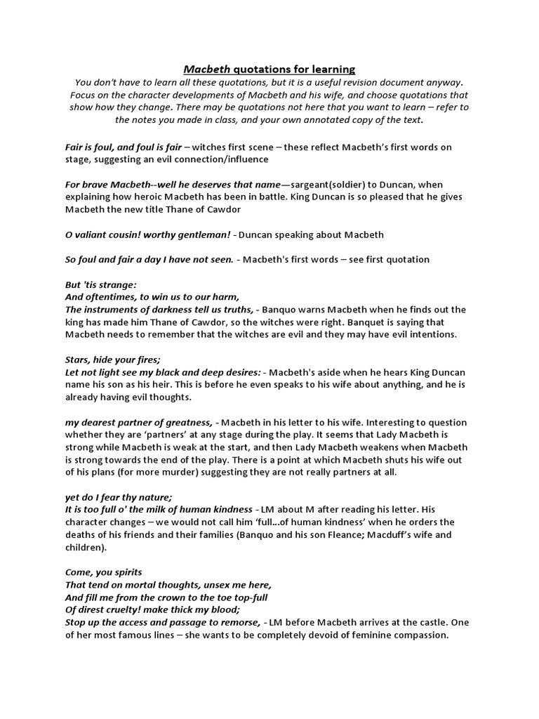 Macbeth Quotations For Learning | PDF | Macbeth | Shakespearean Tragedies