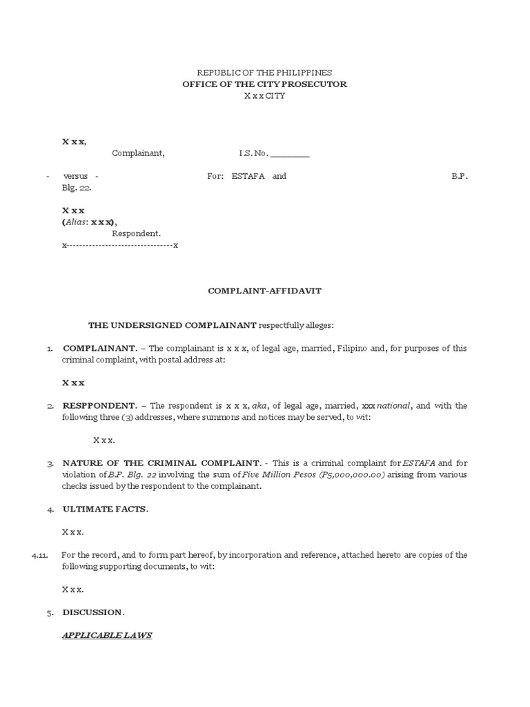 Sample Estafa Complaint | PDF | Fraud | Cheque