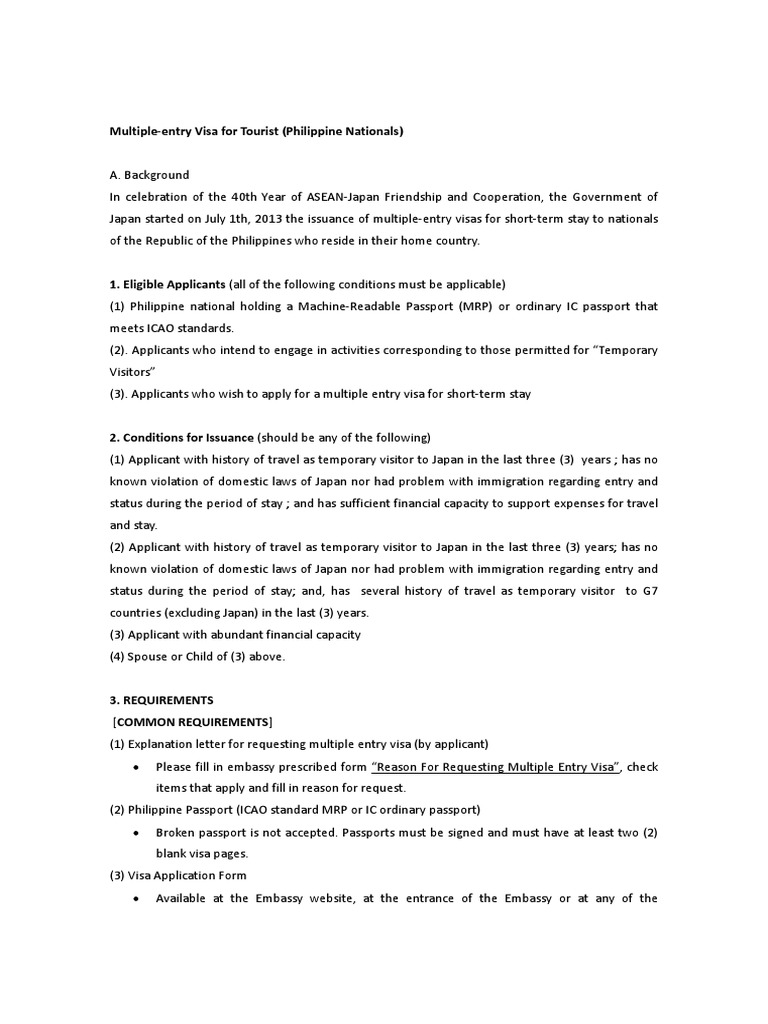 Multiple-Entry Visa For Tourist (Philippine Nationals) | PDF