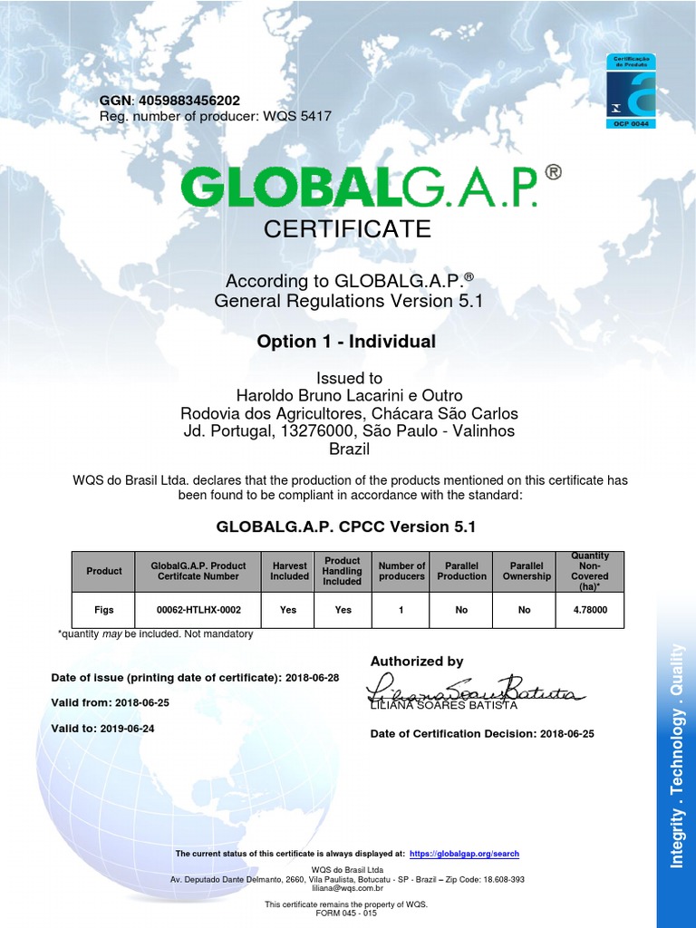 Certificate: According To GLOBALG.A.P. General Regulations Version 5.1 ...
