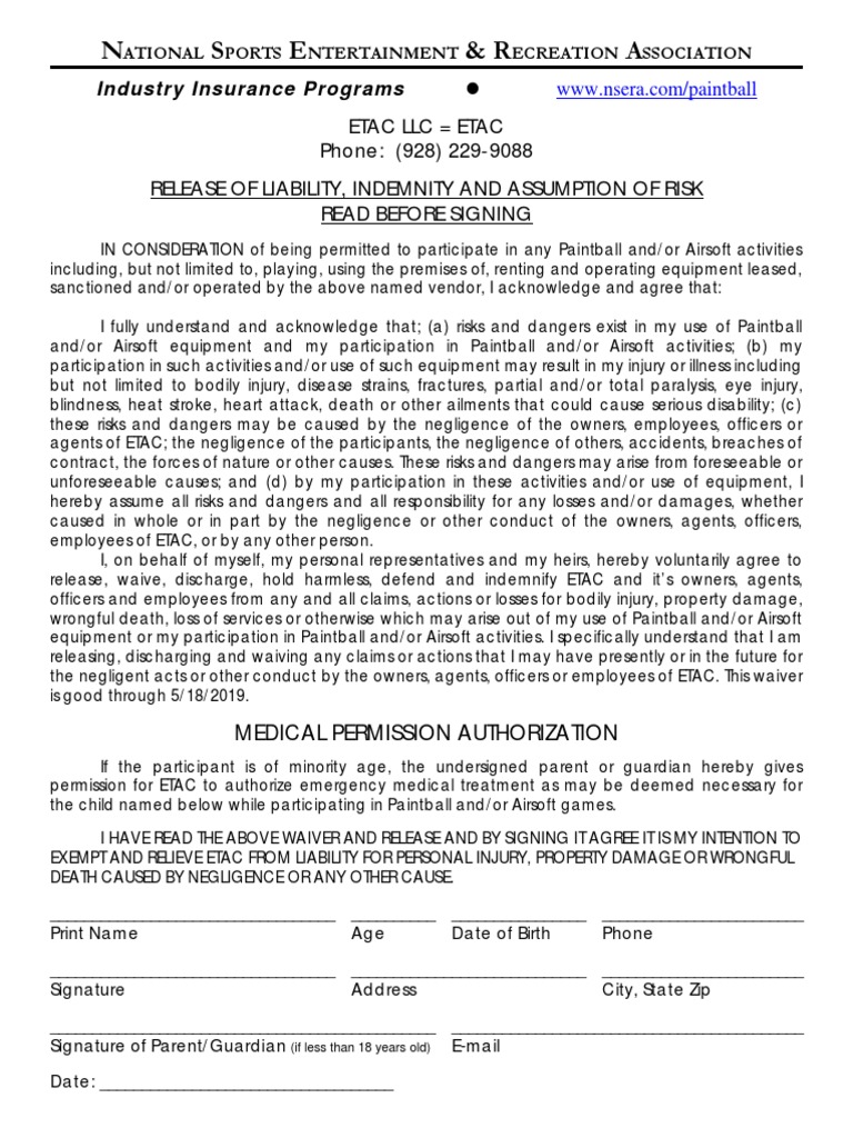 Paintball Liability Waiver Form | PDF | Negligence | Indemnity