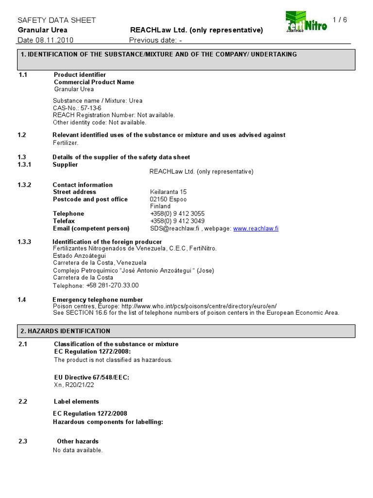 MSDS Urea Reachlaw-2 | PDF | Dangerous Goods | Toxicity