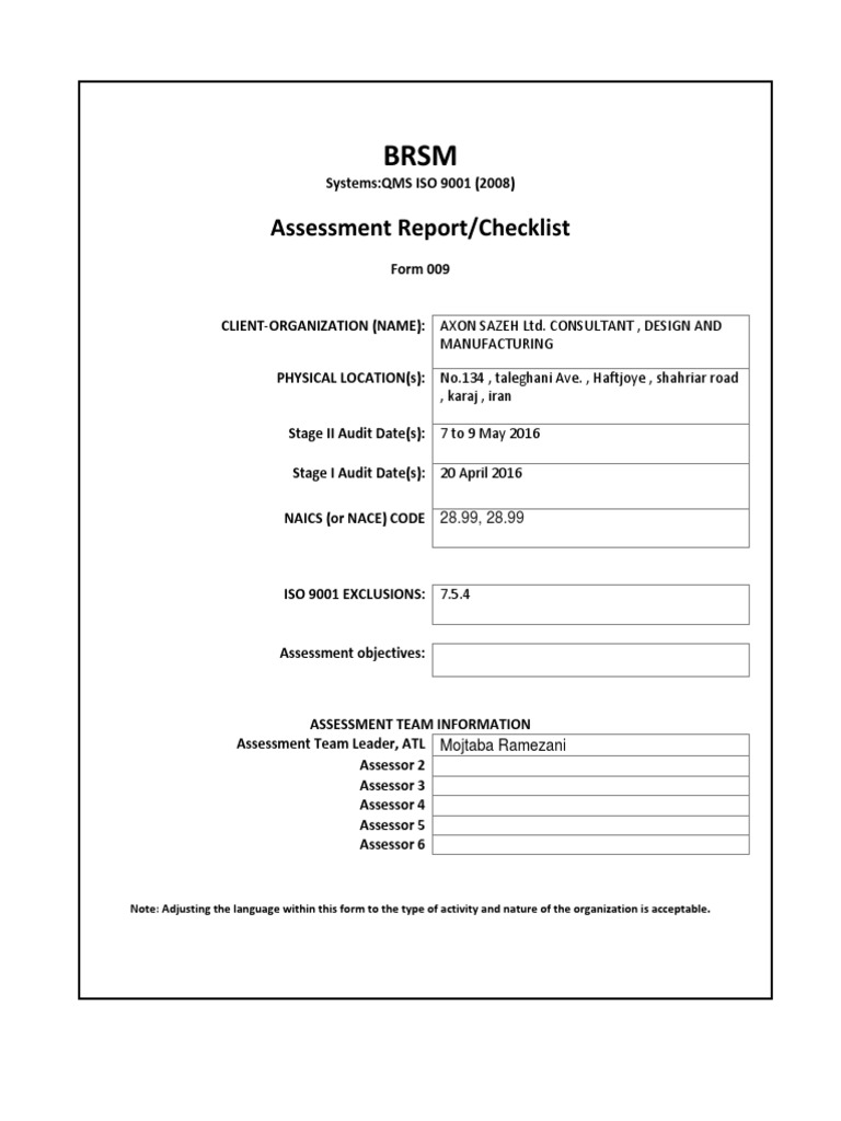 Assessment Report/Checklist: Manufacturing | PDF | Calibration ...