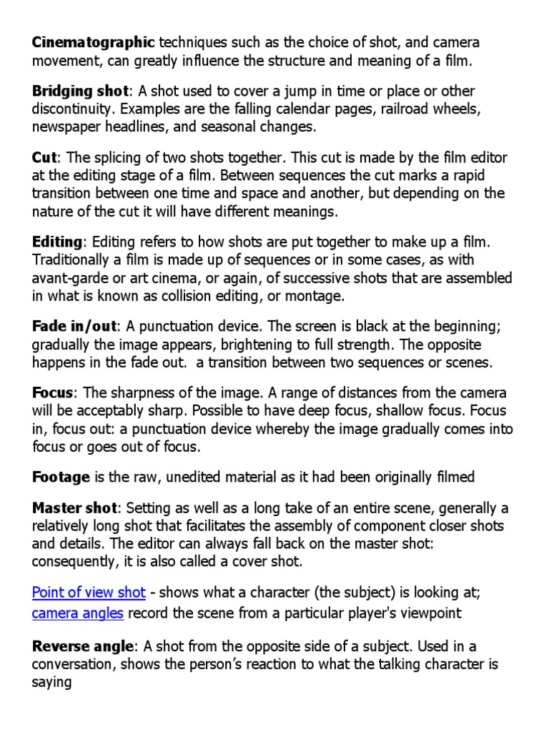 CINEMATIC TECHNIQUES Shortened List For Vocab | PDF | Tripod ...
