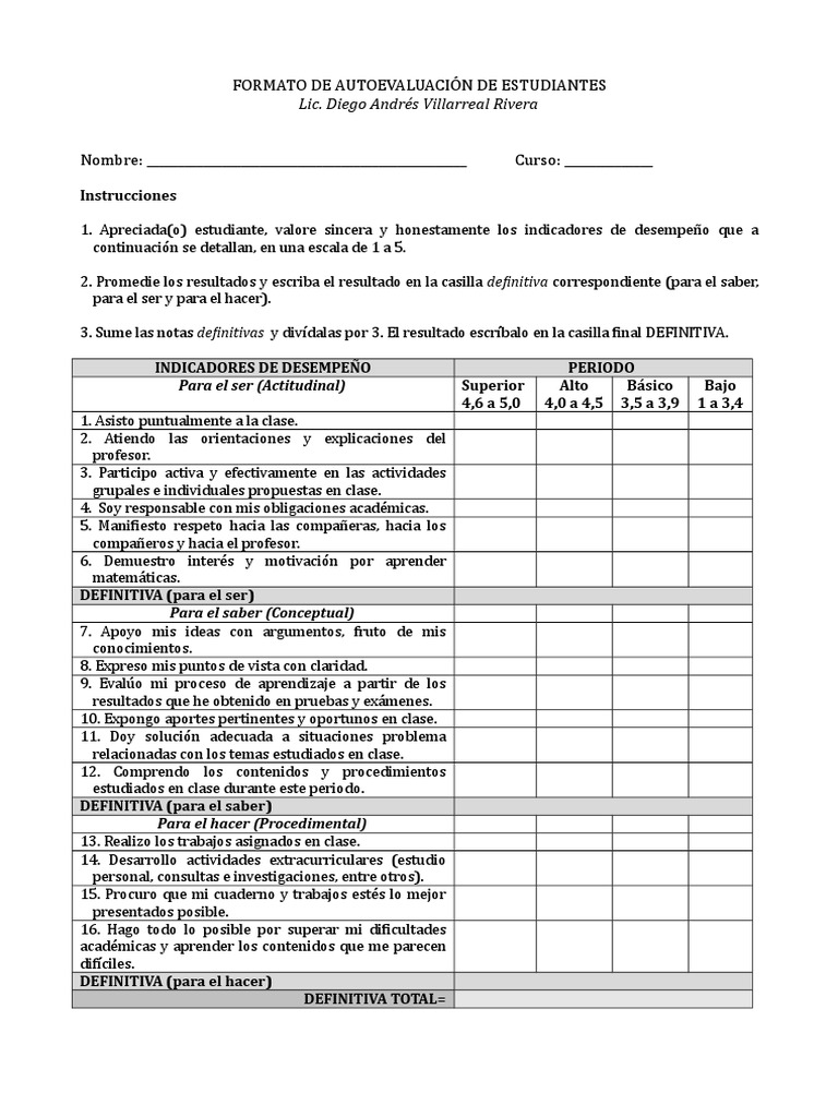 Autoevaluación Del Estudiante De Secundaria