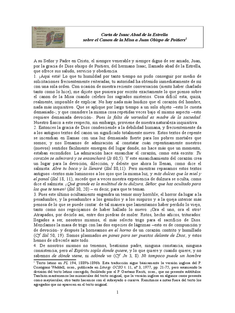 Carta de Isaac Abad de La Estrella Sobre El Canon de La Misa A Juan ...