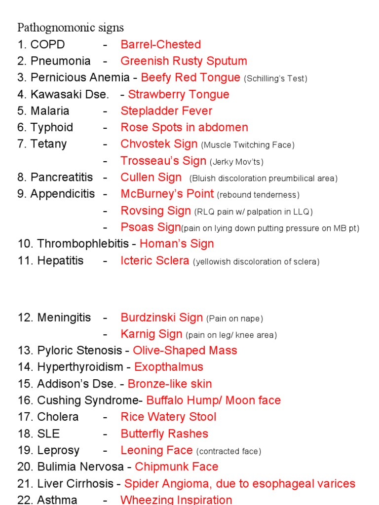 Pathognomonic Signs | PDF | Medical Specialties | Clinical Medicine
