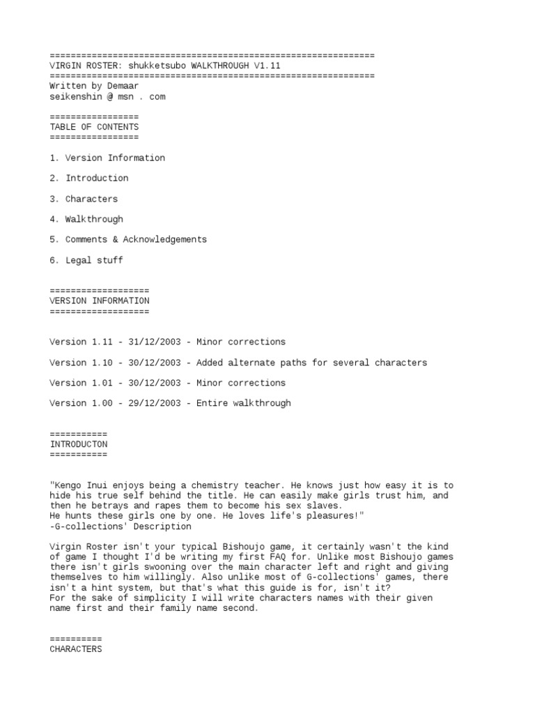 Virgin Roster Shukketsubo | PDF | Strategy Guide