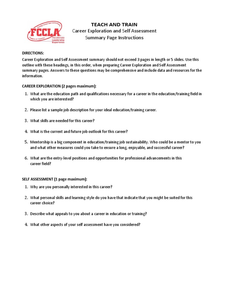 Career Exploration and Self Assessment Summary Page Instructions | PDF ...