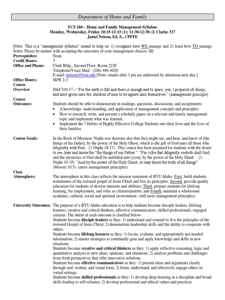 Fcs 160 Home and Family Management Winter 16 Syllabus | PDF | Critical ...