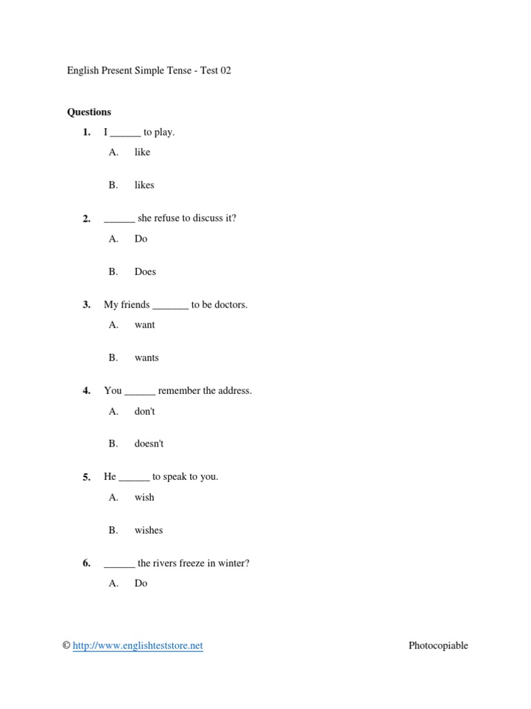English Present Simple Tense - Test 02 | PDF