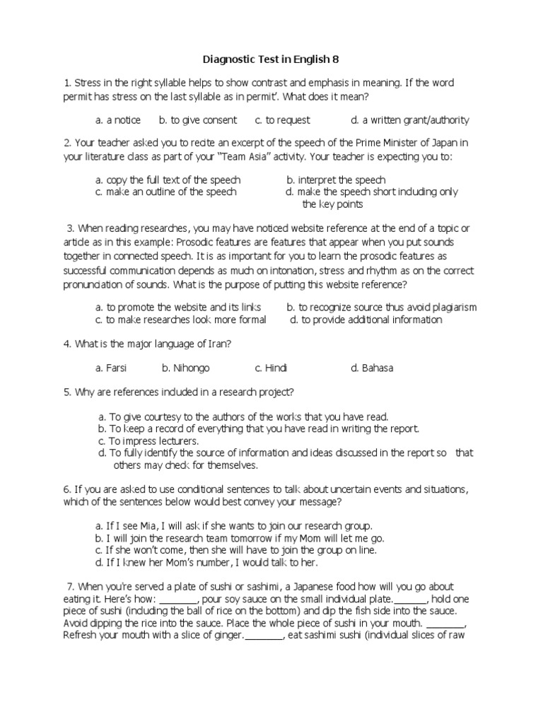 Diagnostic Test In English 8 PDF Stress Linguistics Sushi