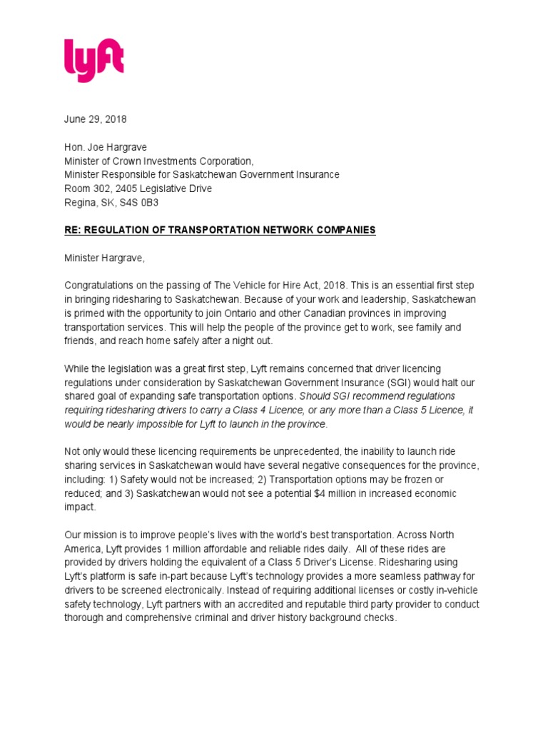 Lyft letter to SGI | Lyft | Transport