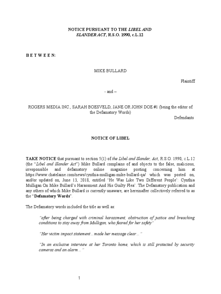 Notice of Libel CHATELAINE - July 11, 2018 | PDF | Stalking | Defamation