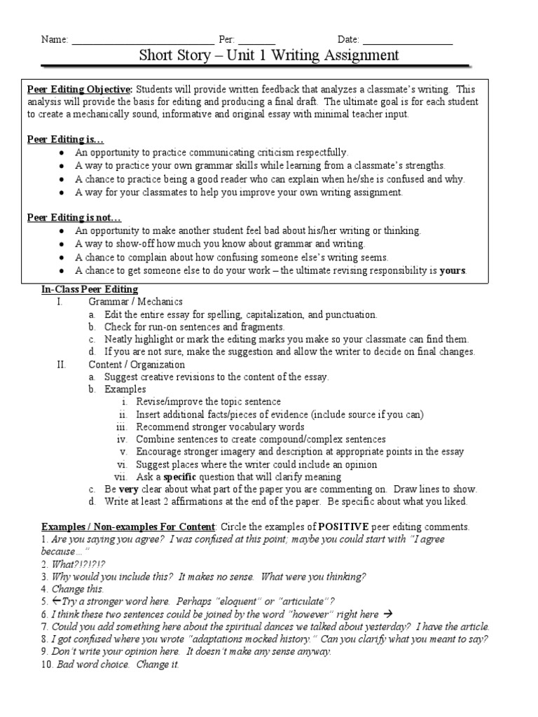 Short Story Peer Editing Form | PDF | Essays | Writers