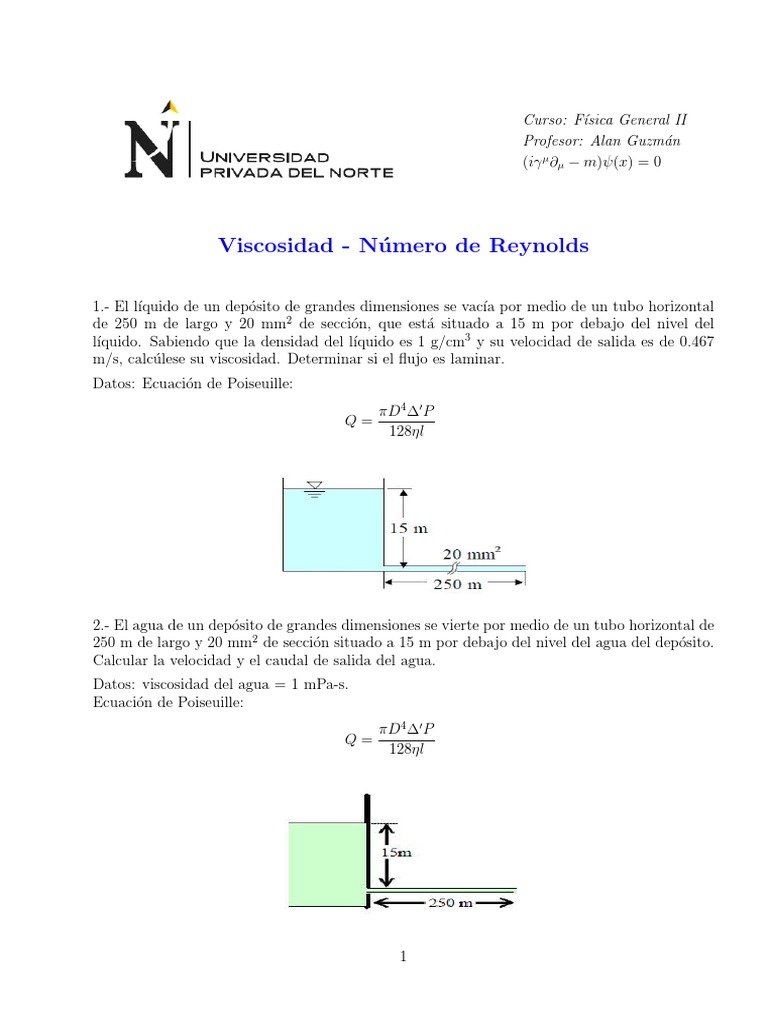 Viscosidad - Número de Reynolds - Ejercicios - 1 | PDF | Numero Reynolds | Viscosidad