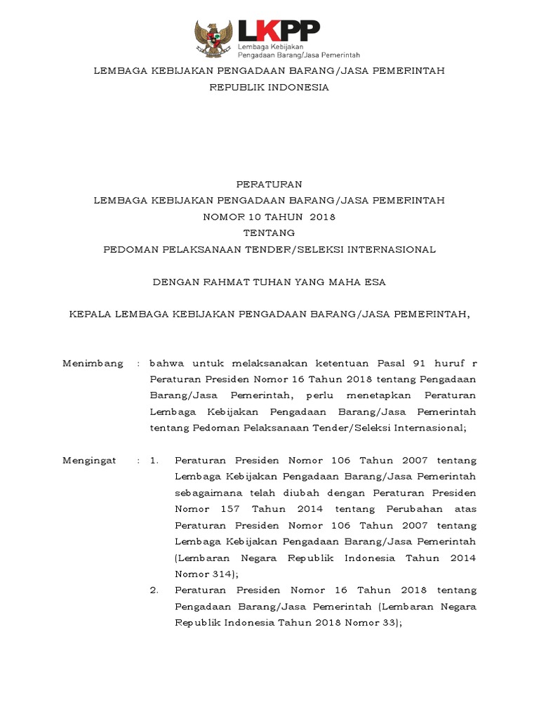 Perlem LKPP Nomor 10 Tahun 2018 Tentang Pedoman Pelaksanaan Tender Atau ...