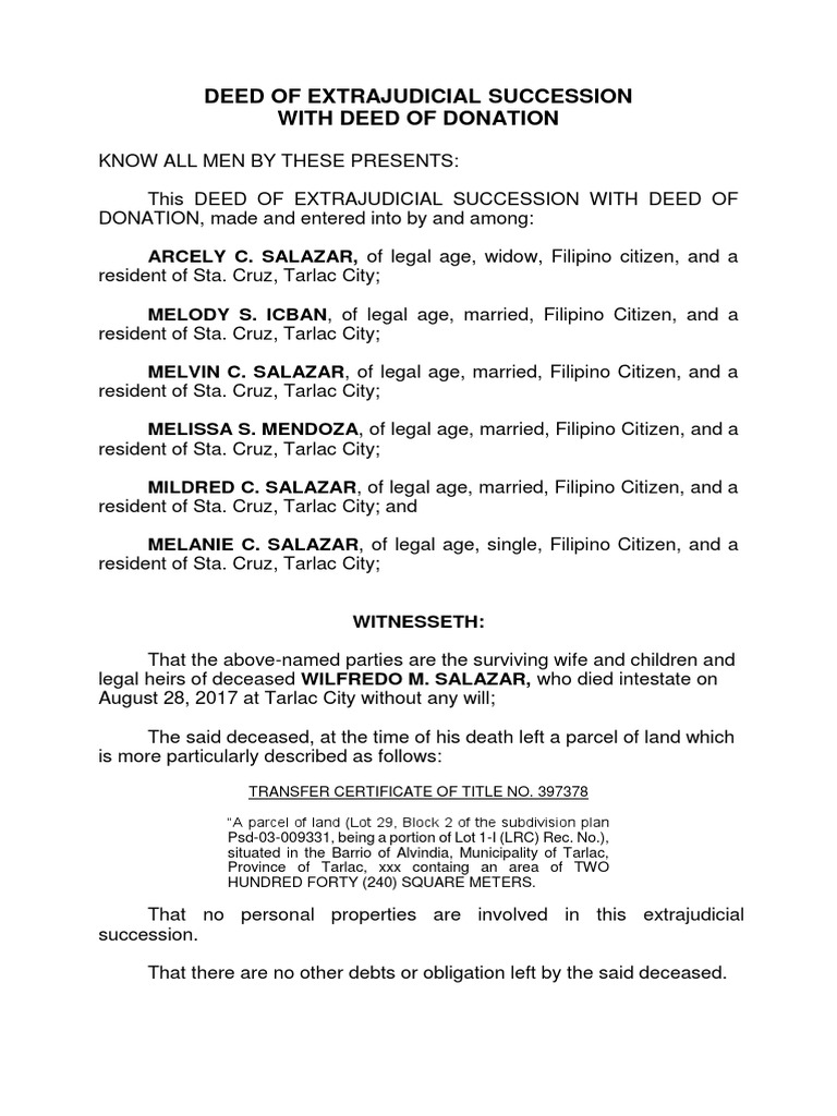 Deed of Extrajudicial Succession Donation | PDF | Civil Law (Legal ...