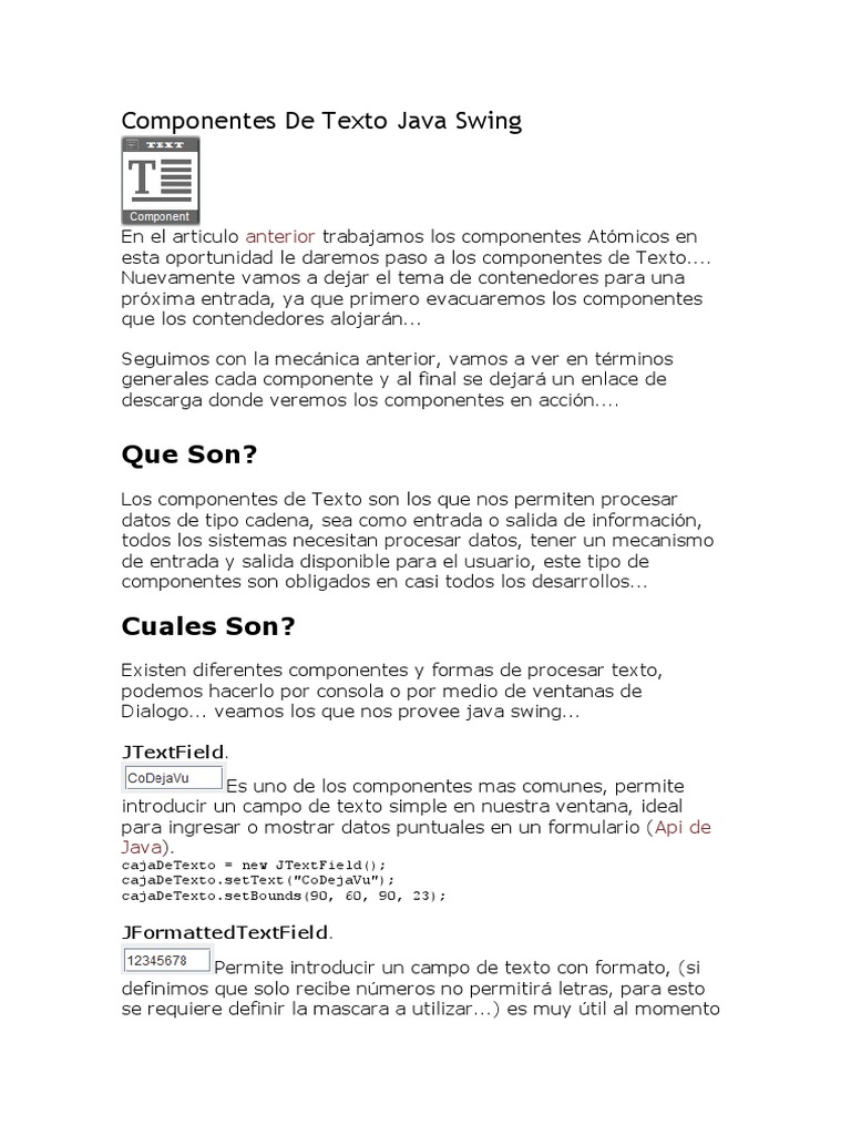 Componentes de Texto en Java Swing | PDF | Java (lenguaje de ...