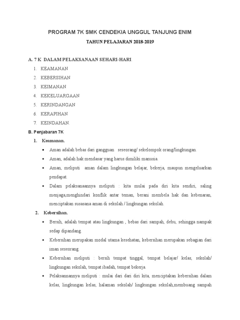 Program 7k SMK Cendekia Unggul Tanjung Enim | PDF