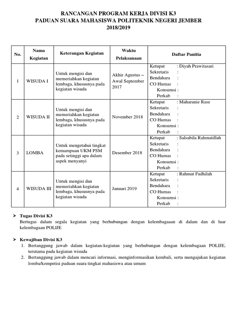 Rancangan Program Kerja Divisi k3 | PDF